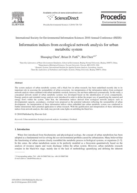 Pdf Information Indices From Ecological Network Analysis For Urban
