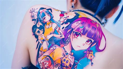 A Woman With Anime On Her Back Has A Tattoo Of Her Head And The Other