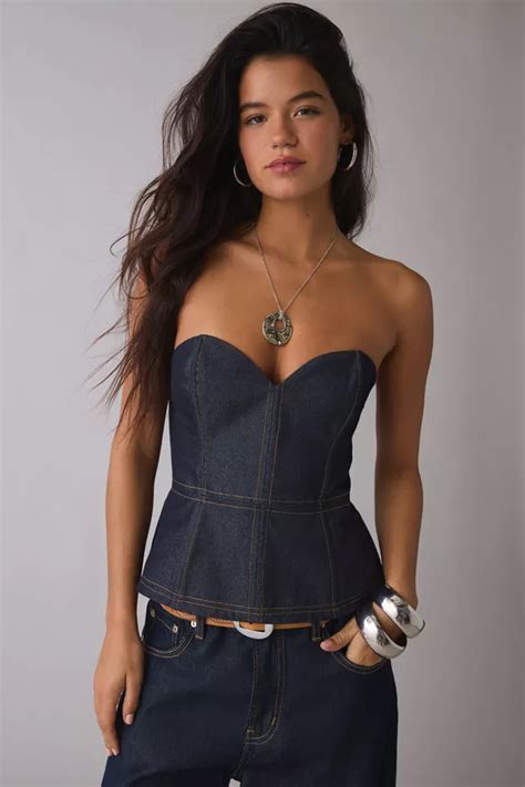 Glamorous Denim Strapless Peplum Bustier Top Urban Outfitters Canada