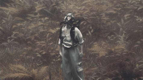 Download Wallpaper 2560x1440 Man Gas Mask Branches Grass Art