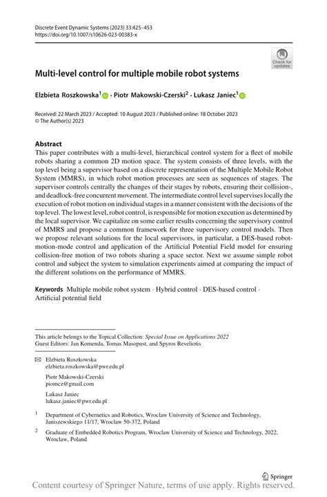 Pdf Multi Level Control For Multiple Mobile Robot Systems