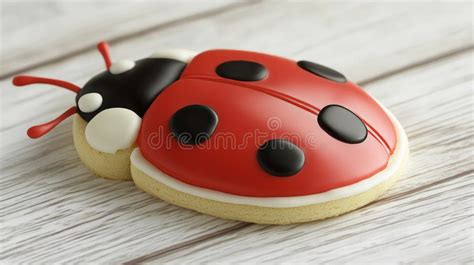 Delicious Ladybug Cookie With Red Icing And Chocolate On Rustic White Wood Background Stock