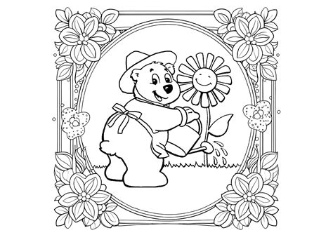 Bear Watering A Flower In A Flowery Setting Bears And Cubs Coloring Pages