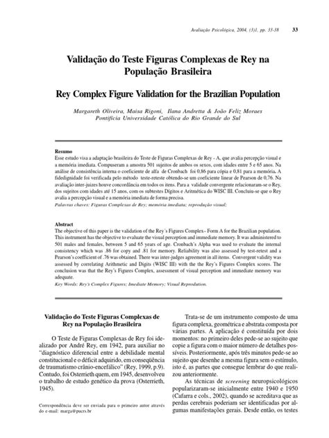 Rey Complex Figure Validation For The Brazilian Population Pdf