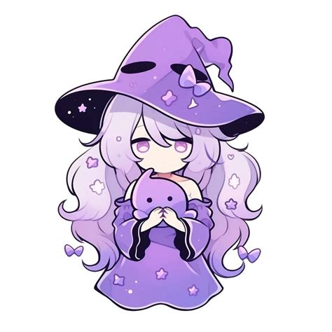 Cute Kawaii Witch In Purple Pastel Colors Sticker Kawaii Drawings
