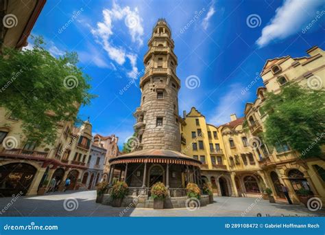 Imposing Tower Life In The Streets Around It Generative Ia Stock