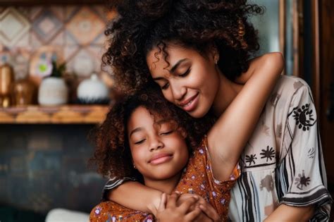 Happy Single Black Mother And Daughter Embracing At Home Premium Ai