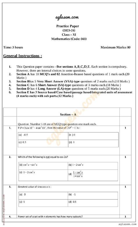 Cbse Class 11 Maths Sample Paper 2024 Pdf Aglasem