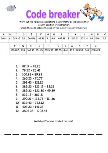 Codebreaker Addition Of Decimals Worksheet Differentiated Teaching