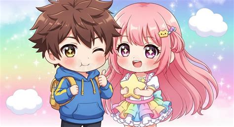 Adorable Chibi Anime Duo Winking Boy And Star Holding Girl On A Dreamy