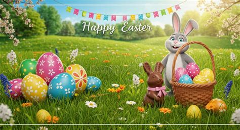 A Cheerful Easter Scene On A Grassy Field Featuring A Cartoon Rabbit Beside A Stock