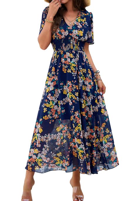 Galocmo Women Floral Maxi Dress V Neck Short Sleeve Empire Waist