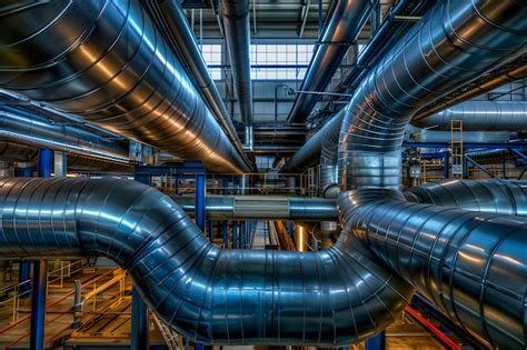 Industrial Ductwork System In Factory Setting Highlighting Ventilation