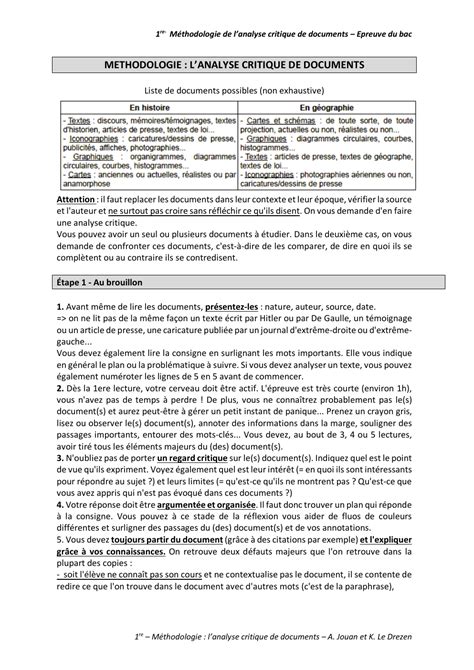 1re Méthodologie De Lanalyse Critique De Documents Epreuve Du Bac
