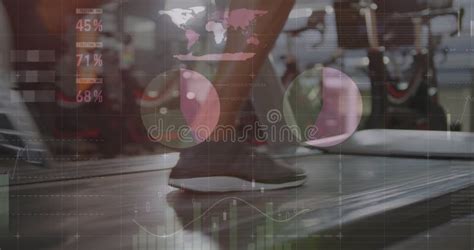 Fitness Data And World Map Animation Over Person Running On Treadmill In Gym Stock Footage