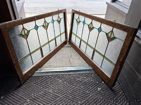 Pair Antique Chicago Arts Crafts Craftsman Stained Leaded Glass Transom