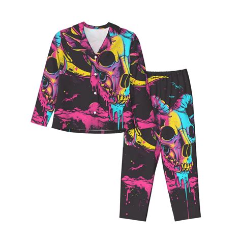 2 Piece Womens Pajama Sets Neon Gothic Skull Moon Soft Sleepwear Comfy Pajamas Ladies Pj