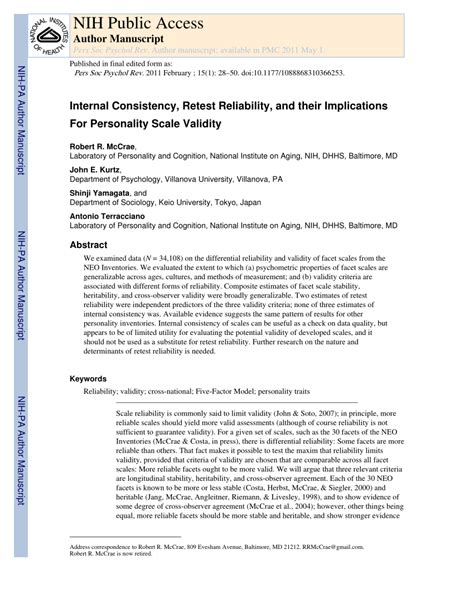 Pdf Internal Consistency Retest Reliability And Their Implications For Personality Scale
