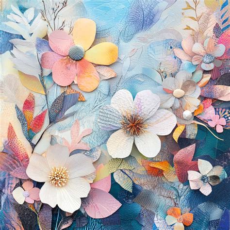Floral Collage Art Paper Flowers Mixed Media Abstract Texture Stock