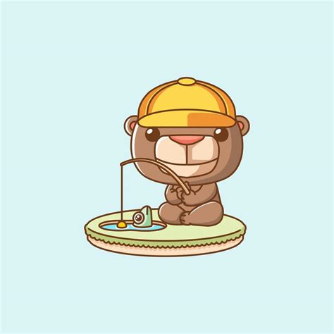 Cute Teddy Bear Fishing Fish On Island Kawaii Chibi Character Mascot