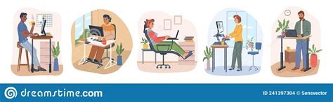 Ergonomic Workspace Proper Sitting Posture At Desk Cartoon Vector