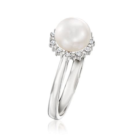 7 75mm Cultured Pearl Ring With Diamonds In Sterling Silver Ross Simons