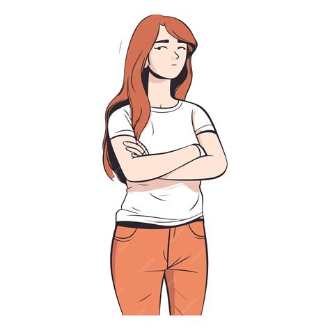 Premium Vector Young Woman Standing With Crossed Arms In Cartoon Style