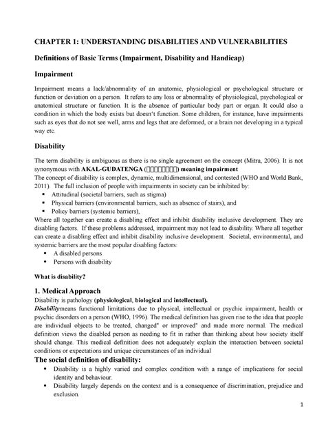 Inclusiveness W Handout Chapter 1 Understanding Disabilities And Vulnerabilities Definitions