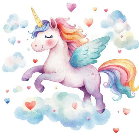 Illustration Of Unicorn In Purple Landscape With A Rainbow Stock Image