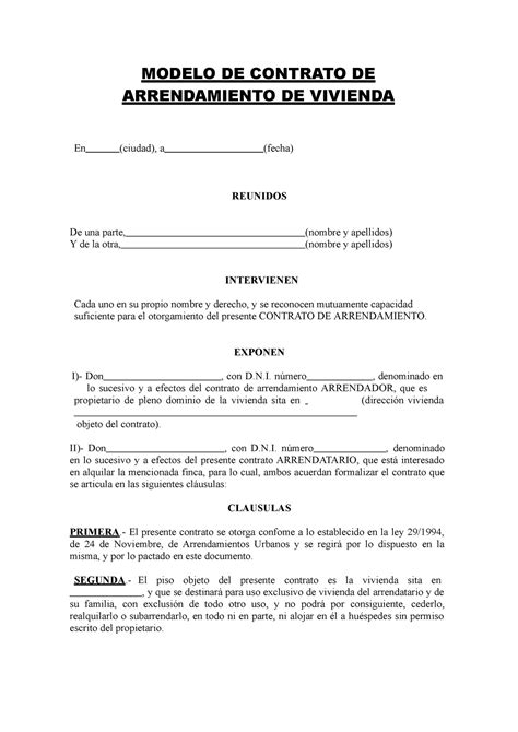 Modelo De Contrato De Arrendamiento