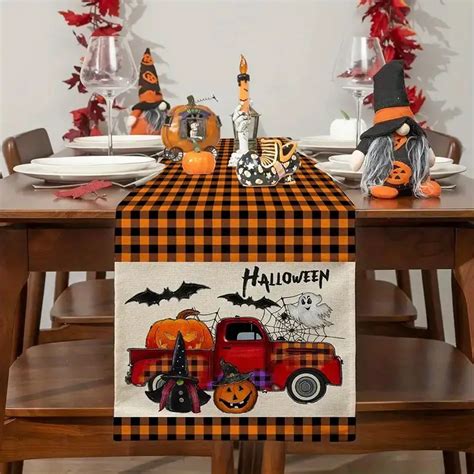 Linen Table Runner Halloween Orange Plaid Tablecover Plaid Truck