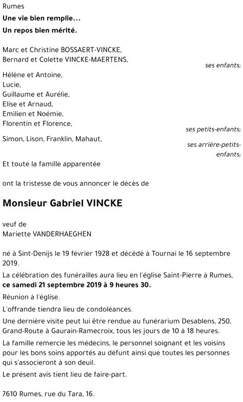 Avis De Décès De Gabriel Vincke Décédé Le 16092019 à Tournai