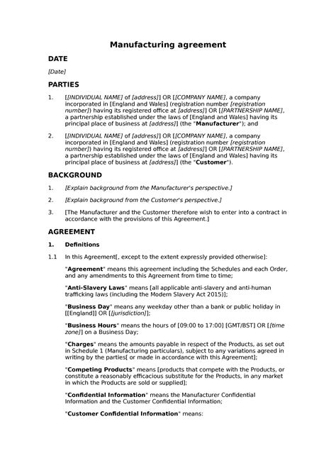 Free Contract Manufacturing Agreements Templates Contract Agreement