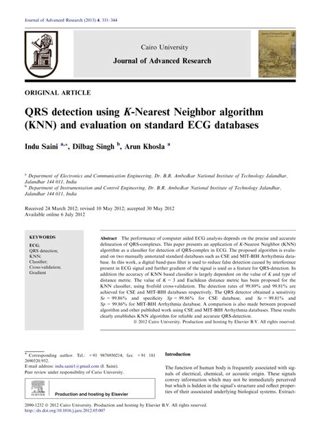 Pdf Qrs Detection Using K Nearest Neighbor Algorithm Knn And
