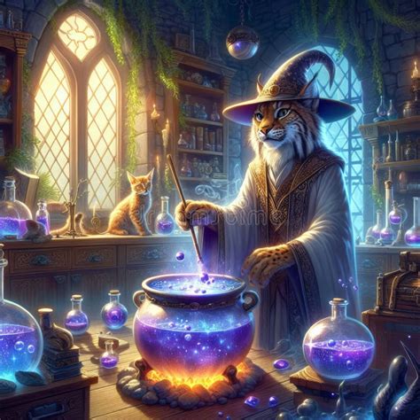 Wizard Cat Brewing Potion Stock Illustration Illustration Of Glowing
