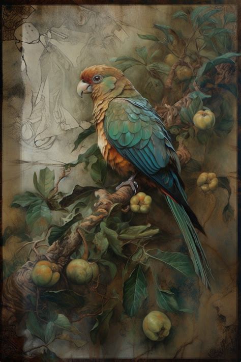 Nature Illustration Parrot Sitting On Tree Branch