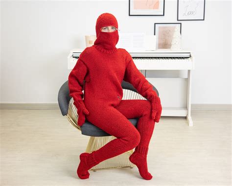 Hand Knitted Raw Wool Catsuite Fetish Catsuit With Integrated Mittens And Socks Itchy Wool