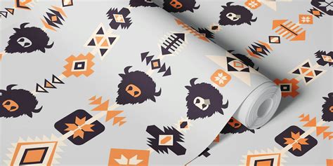 Buffalo And Aztec Lines Orange Grey Wallpaper