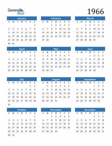 1966 Full Year Calendar