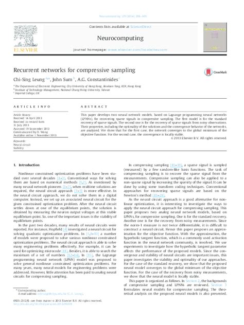 Pdf Recurrent Networks For Compressive Sampling