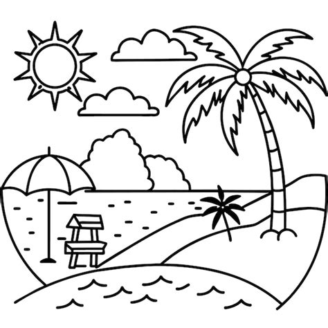 Un Dibujo De Una Playa Con Una Palmera Y Una Casa En La Playa Vector