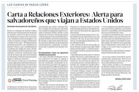 columna transversal Carta a Relaciones Exteriores Alerta para salvadoreños que viajan a