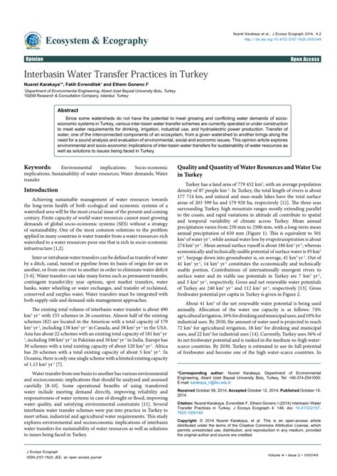 Pdf Interbasin Water Transfer Practices In Turkey