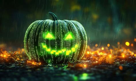 Glowing Halloween Pumpkin With Binary Code Vibrant Green Light Autumn
