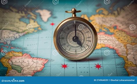 Magnetic Compass And Location Marking On World Map For Adventure And