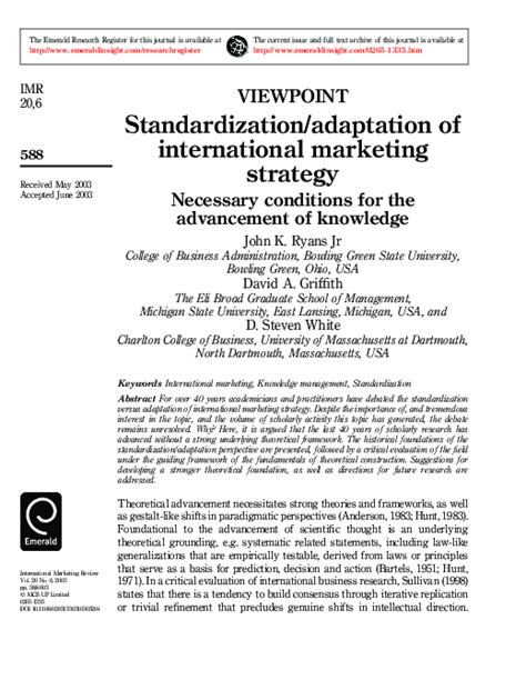 Pdf Standardizationadaptation Of International Marketing Strategy