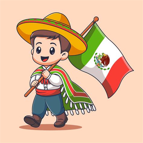 Cute Boy Holding Mexican Flag Cartoon Icon Illustration People Holiday