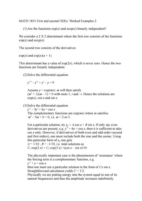 Worked Examples 2 First And Second Order Ode Math 1851 First And