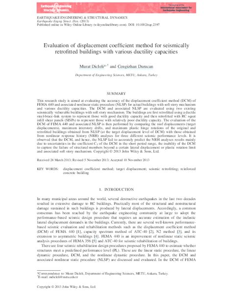 Pdf Evaluation Of Displacement Coefficient Method For Seismically