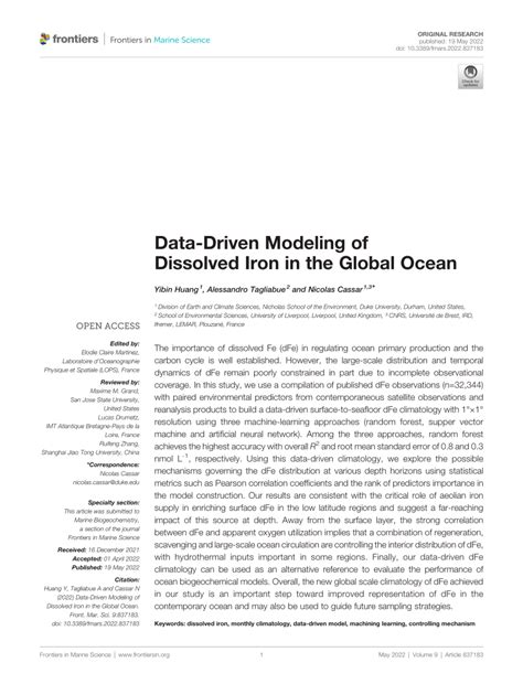 Pdf Data Driven Modeling Of Dissolved Iron In The Global Ocean